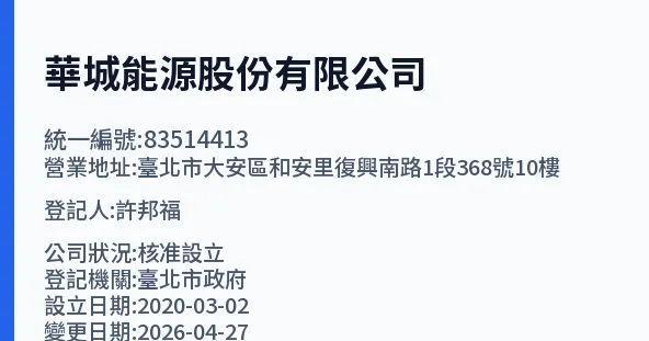 華城能源股份有限公司的照片-統編 83514413(臺北市) 公司登記資料與營業項目詳細圖表