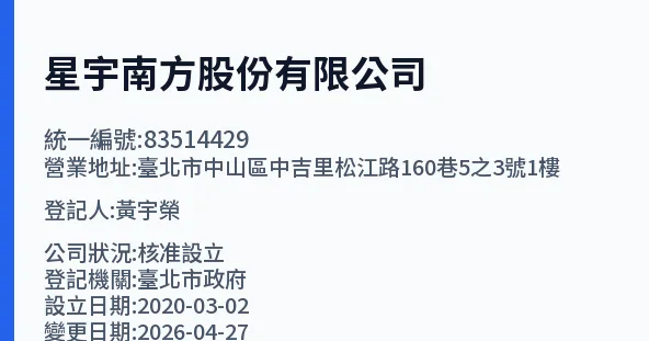 星宇南方股份有限公司的照片-統編 83514429(臺北市) 公司登記資料與營業項目詳細圖表
