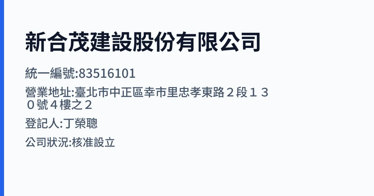 新合茂建設股份有限公司 - 統編 83516101(臺北市) 公司登記資料與營業項目詳細圖表