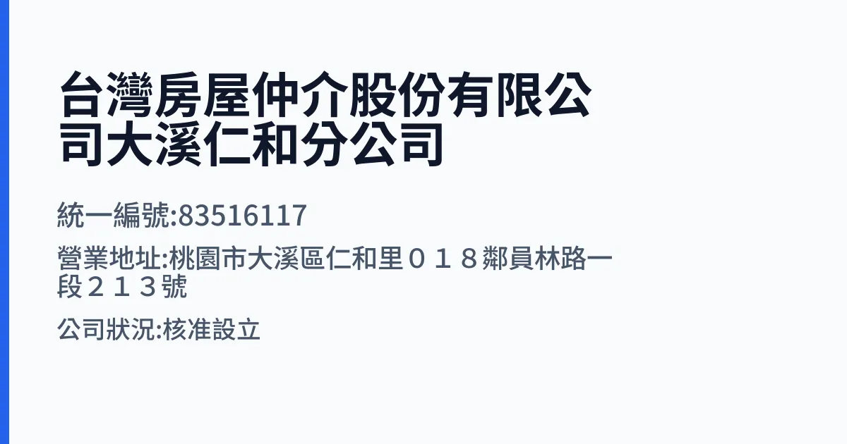 台灣房屋仲介股份有限公司大溪仁和分公司 - 統編 83516117(桃園市) 公司登記資料與營業項目詳細圖表