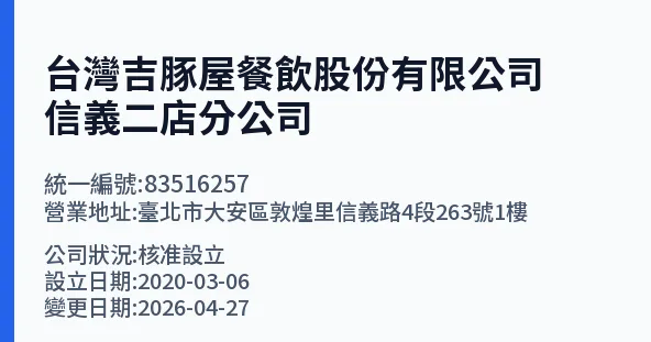 台灣吉豚屋餐飲股份有限公司信義二店分公司的照片-統編 83516257(臺北市) 公司登記資料與營業項目詳細圖表