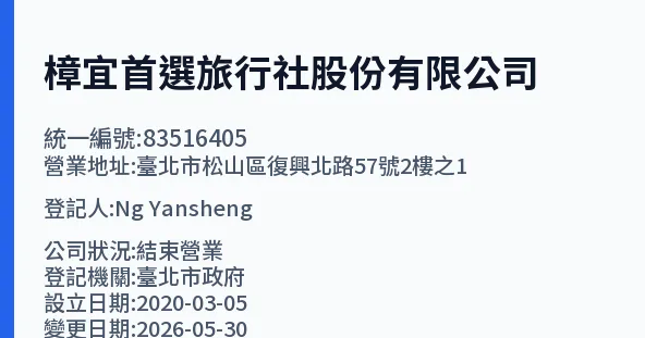 樟宜首選旅行社股份有限公司的照片-統編 83516405(臺北市) 公司登記資料與營業項目詳細圖表