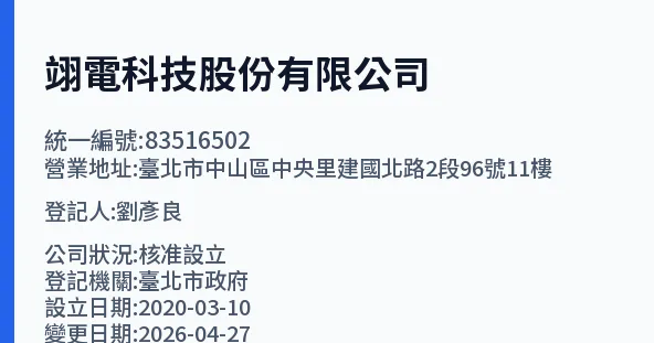 翊電科技股份有限公司的照片-統編 83516502(臺北市) 公司登記資料與營業項目詳細圖表