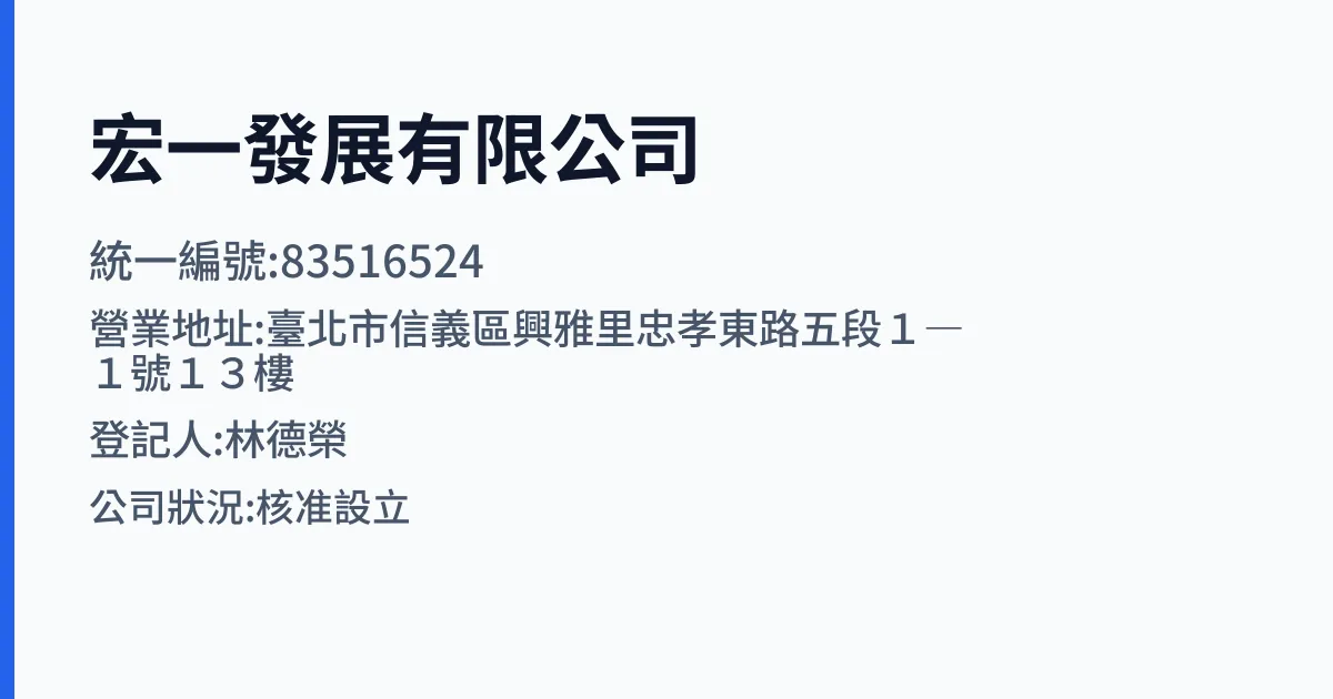 宏一發展有限公司 - 統編 83516524(臺北市) 公司登記資料與營業項目詳細圖表