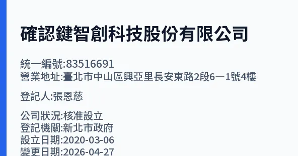 確認鍵智創科技股份有限公司的照片-統編 83516691(臺北市) 公司登記資料與營業項目詳細圖表