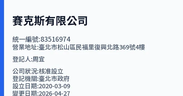 賽克斯有限公司的照片-統編 83516974(臺北市) 公司登記資料與營業項目詳細圖表