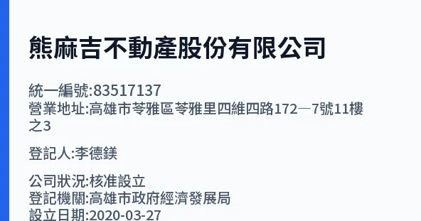熊麻吉不動產股份有限公司的照片-統編 83517137(高雄市) 公司登記資料與營業項目詳細圖表