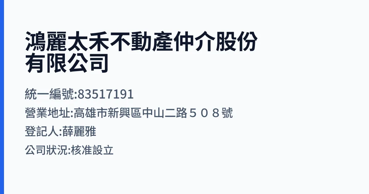 鴻麗太禾不動產仲介股份有限公司 - 統編 83517191(高雄市) 公司登記資料與營業項目詳細圖表