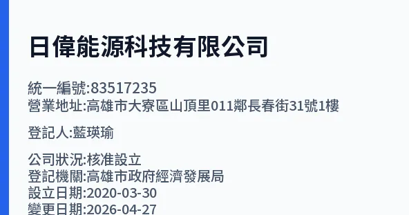 日偉能源科技有限公司的照片-統編 83517235(高雄市) 公司登記資料與營業項目詳細圖表