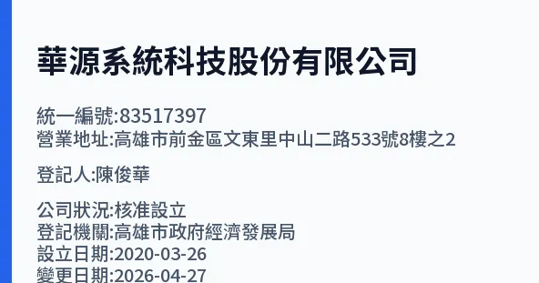 華源系統科技股份有限公司的照片-統編 83517397(高雄市) 公司登記資料與營業項目詳細圖表