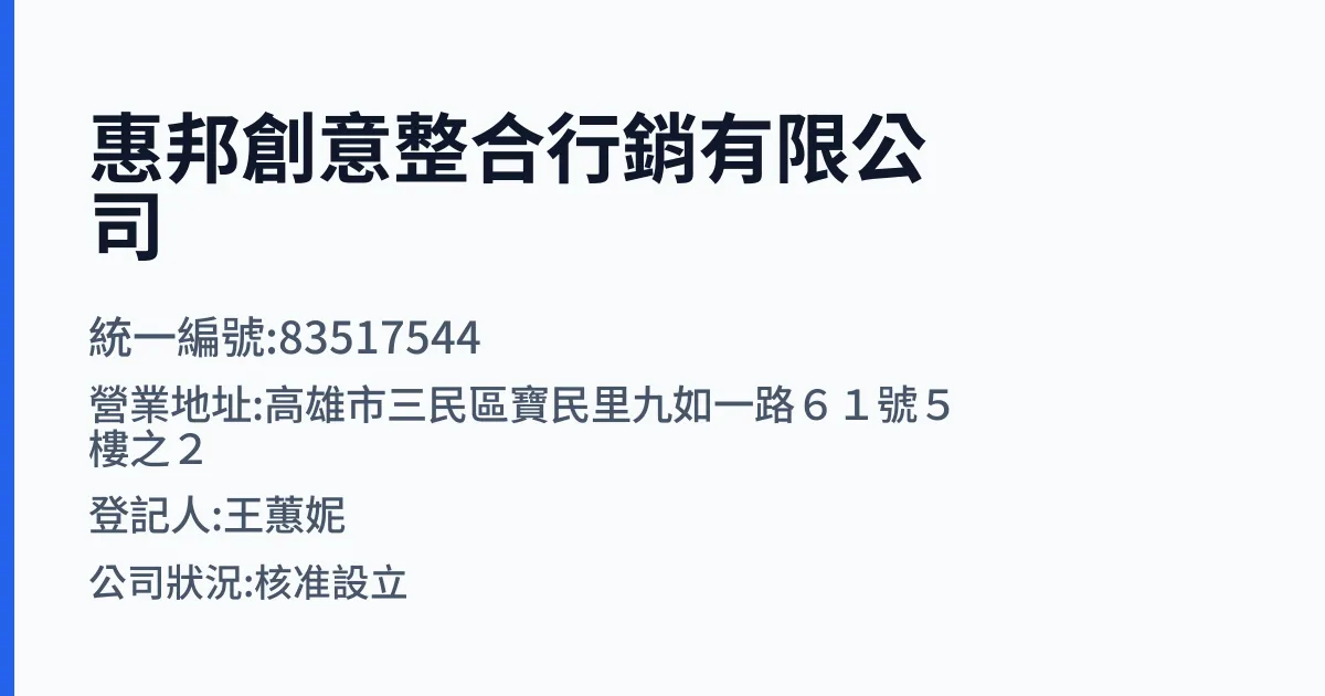 惠邦創意整合行銷有限公司 - 統編 83517544(高雄市) 公司登記資料與營業項目詳細圖表