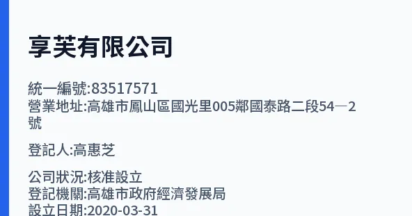 享芙有限公司的照片-統編 83517571(高雄市) 公司登記資料與營業項目詳細圖表
