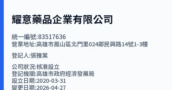 耀意藥品企業有限公司的照片-統編 83517636(高雄市) 公司登記資料與營業項目詳細圖表