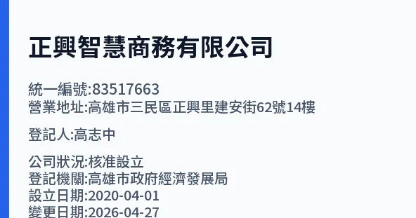 正興智慧商務有限公司的照片-統編 83517663(高雄市) 公司登記資料與營業項目詳細圖表