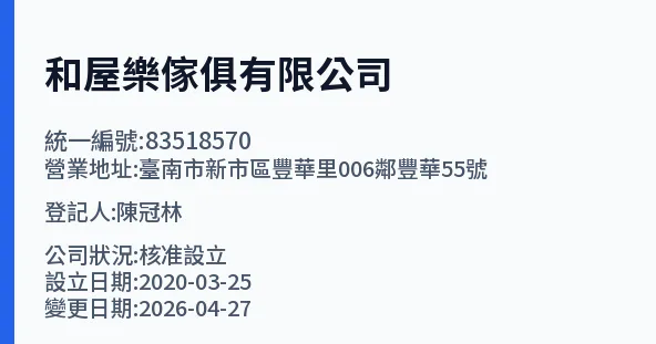 和屋樂傢俱有限公司的照片-統編 83518570(臺南市) 公司登記資料與營業項目詳細圖表