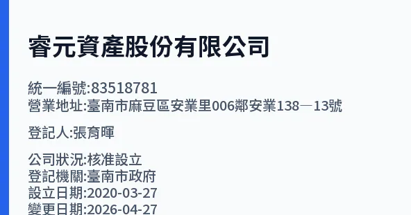 睿元資產股份有限公司的照片-統編 83518781(臺南市) 公司登記資料與營業項目詳細圖表