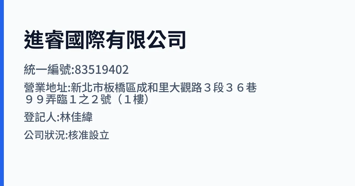 進睿國際有限公司 - 統編 83519402（新北市） 公司登記資料與營業項目詳細圖表