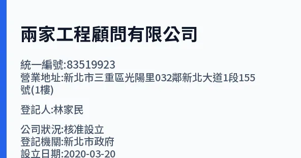 兩家工程顧問有限公司的照片-統編 83519923(新北市) 公司登記資料與營業項目詳細圖表