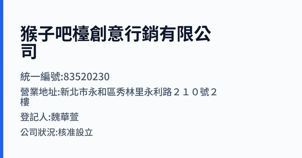 猴子吧檯創意行銷有限公司 - 統編 83520230(新北市) 公司登記資料與營業項目詳細圖表