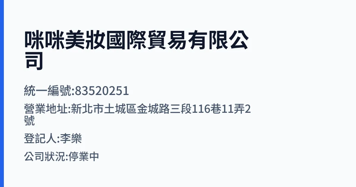 咪咪美妝國際貿易有限公司 - 統編 83520251(新北市) 公司登記資料與營業項目詳細圖表
