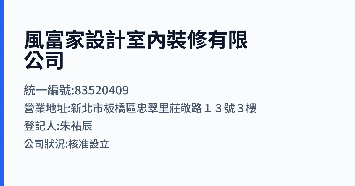 風富家設計室內裝修有限公司 - 統編 83520409(新北市) 公司登記資料與營業項目詳細圖表