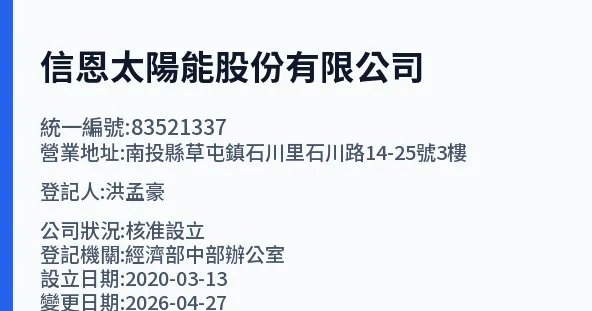 信恩太陽能股份有限公司的照片-統編 83521337(南投縣) 公司登記資料與營業項目詳細圖表