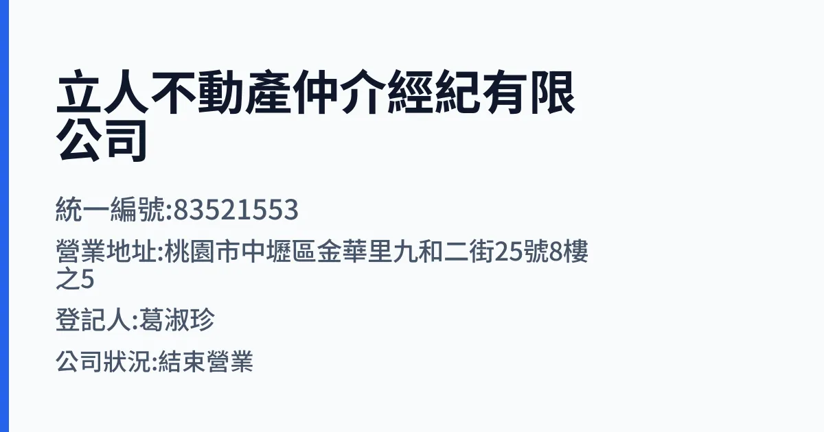 立人不動產仲介經紀有限公司 - 統編 83521553(桃園市) 公司登記資料與營業項目詳細圖表