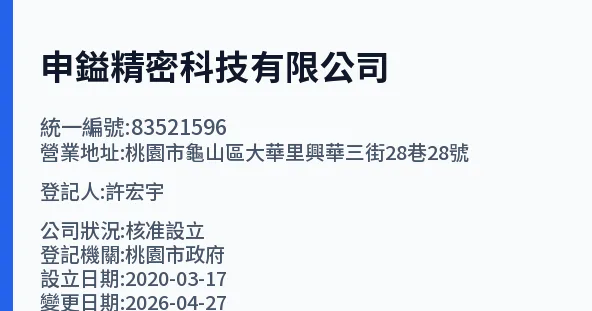 申鎰精密科技有限公司的照片-統編 83521596(桃園市) 公司登記資料與營業項目詳細圖表