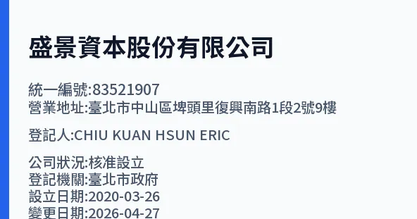 盛景資本股份有限公司的照片-統編 83521907(臺北市) 公司登記資料與營業項目詳細圖表