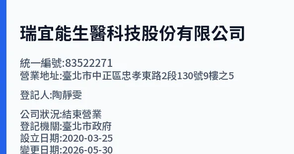 瑞宜能生醫科技股份有限公司的照片-統編 83522271(臺北市) 公司登記資料與營業項目詳細圖表