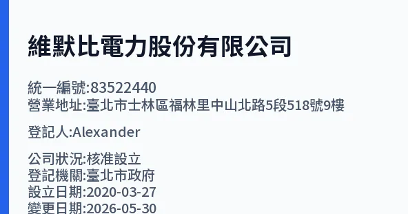 維默比電力股份有限公司的照片-統編 83522440(臺北市) 公司登記資料與營業項目詳細圖表