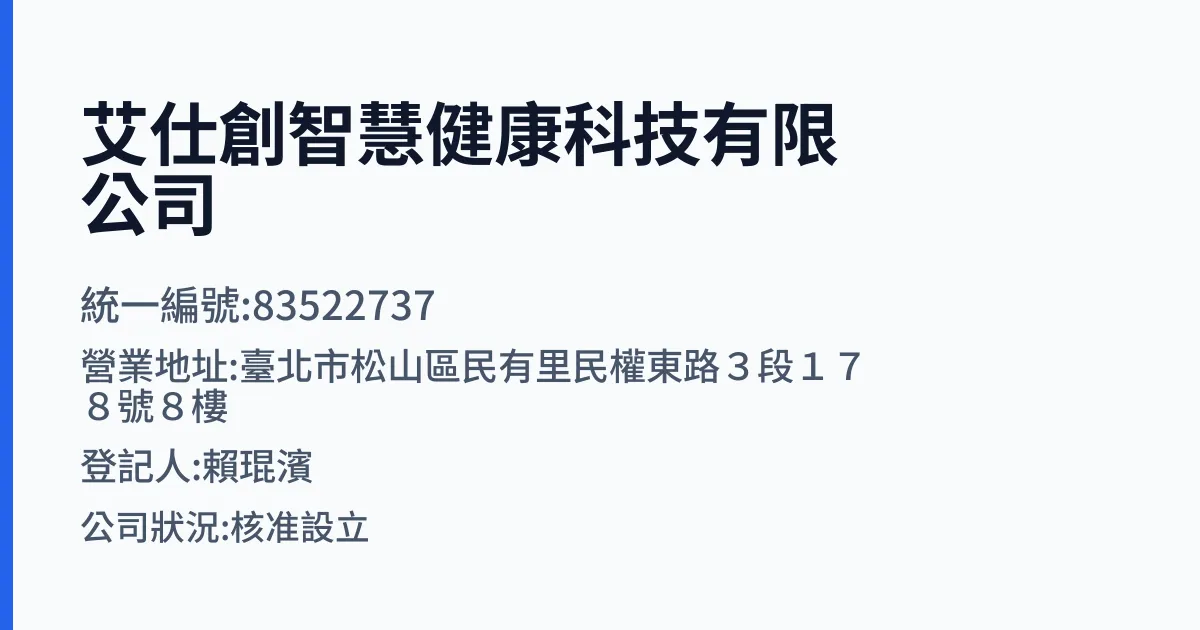 艾仕創智慧健康科技有限公司 - 統編 83522737(臺北市) 公司登記資料與營業項目詳細圖表