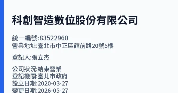 科創智造數位股份有限公司的照片-統編 83522960(臺北市) 公司登記資料與營業項目詳細圖表