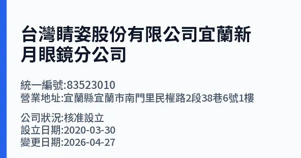台灣睛姿股份有限公司宜蘭新月眼鏡分公司的照片-統編 83523010(宜蘭縣) 公司登記資料與營業項目詳細圖表