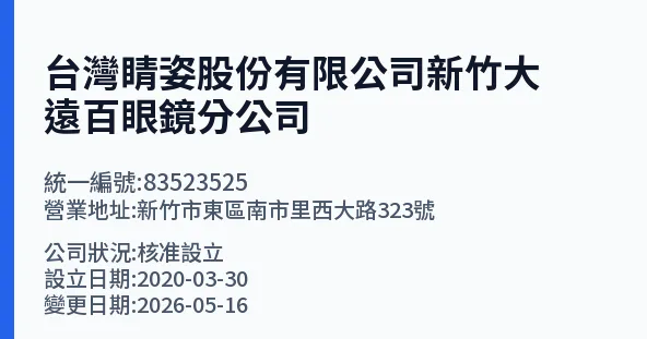 台灣睛姿股份有限公司新竹大遠百眼鏡分公司的照片-統編 83523525(新竹市) 公司登記資料與營業項目詳細圖表