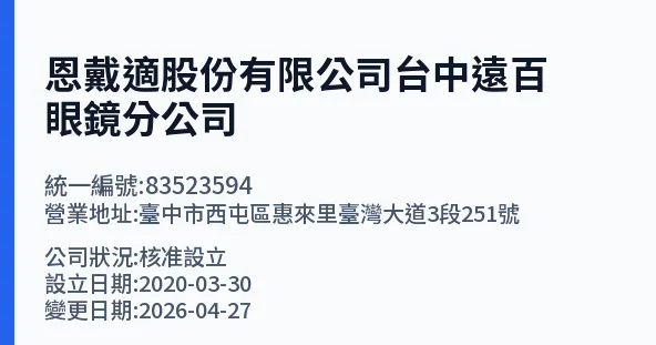 恩戴適股份有限公司台中遠百眼鏡分公司的照片-統編 83523594(臺中市) 公司登記資料與營業項目詳細圖表