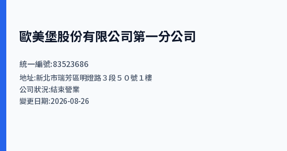歐美堡股份有限公司第一分公司的照片-統編 83523686(新北市) 公司登記資料與營業項目詳細圖表