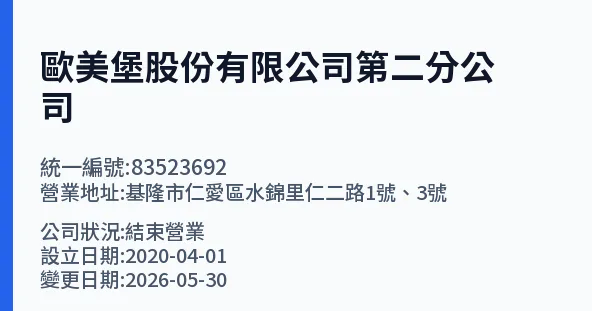 歐美堡股份有限公司第二分公司的照片-統編 83523692(基隆市) 公司登記資料與營業項目詳細圖表