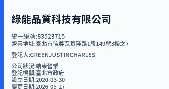 綠能品質科技有限公司的照片-統編 83523715(臺北市) 公司登記資料與營業項目詳細圖表