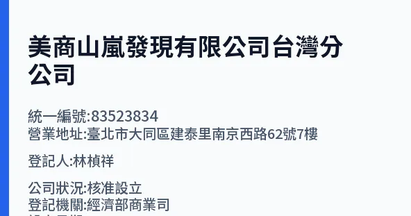美商山嵐發現有限公司台灣分公司的照片-統編 83523834(臺北市) 公司登記資料與營業項目詳細圖表