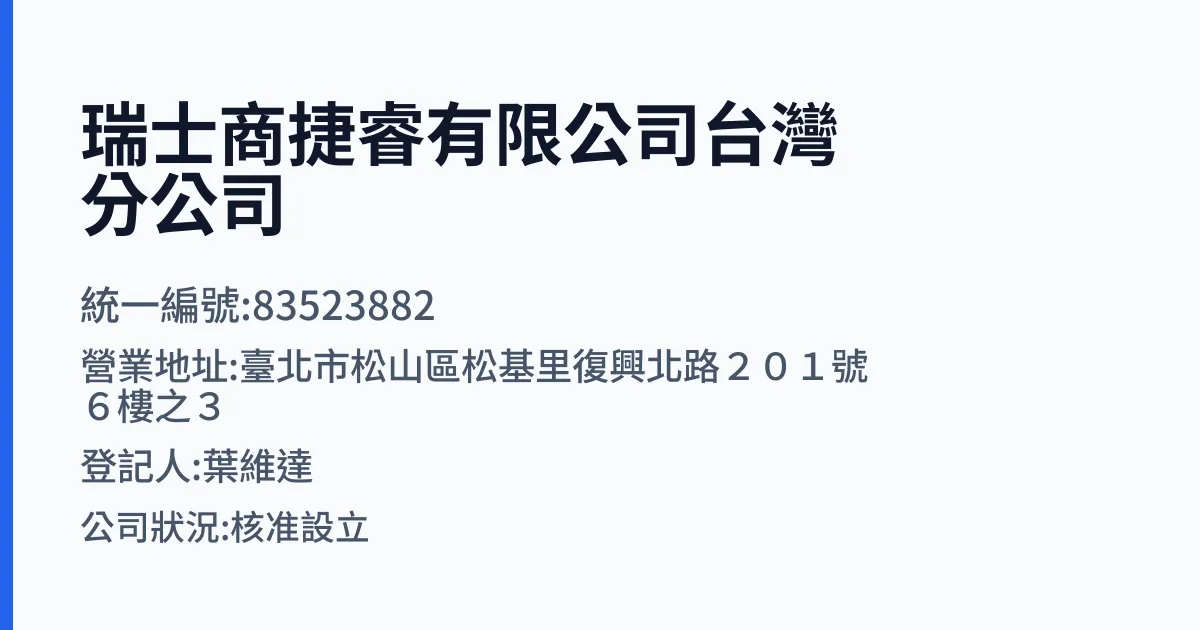 瑞士商捷睿有限公司台灣分公司 - 統編 83523882(臺北市) 公司登記資料與營業項目詳細圖表