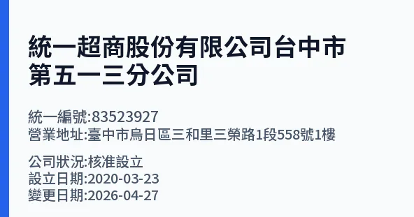 統一超商股份有限公司台中市第五一三分公司的照片-統編 83523927(臺中市) 公司登記資料與營業項目詳細圖表