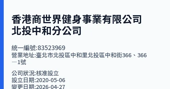 香港商世界健身事業有限公司北投中和分公司的照片-統編 83523969(臺北市) 公司登記資料與營業項目詳細圖表