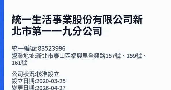 統一生活事業股份有限公司新北市第一一九分公司的照片-統編 83523996(新北市) 公司登記資料與營業項目詳細圖表