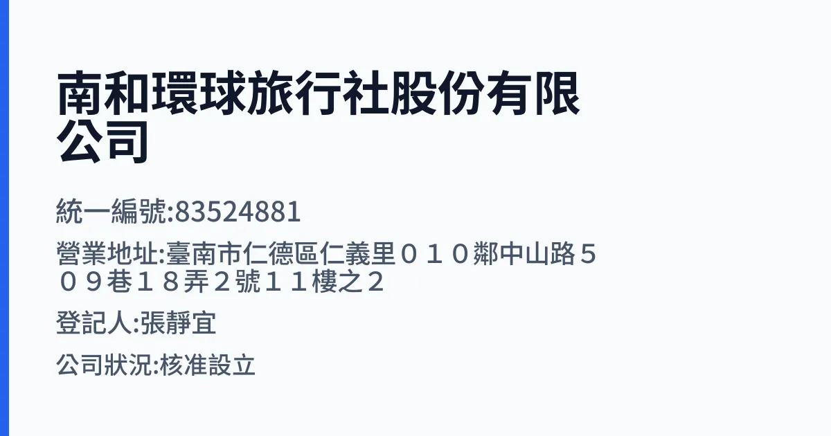 南和環球旅行社股份有限公司 - 統編 83524881(臺南市) 公司登記資料與營業項目詳細圖表