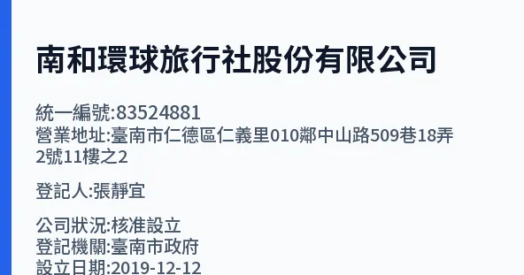 南和環球旅行社股份有限公司的照片-統編 83524881(臺南市) 公司登記資料與營業項目詳細圖表