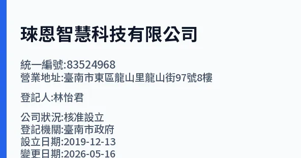 琜恩智慧科技有限公司的照片-統編 83524968(臺南市) 公司登記資料與營業項目詳細圖表
