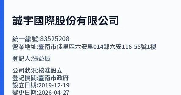 誠宇國際股份有限公司的照片-統編 83525208(臺南市) 公司登記資料與營業項目詳細圖表