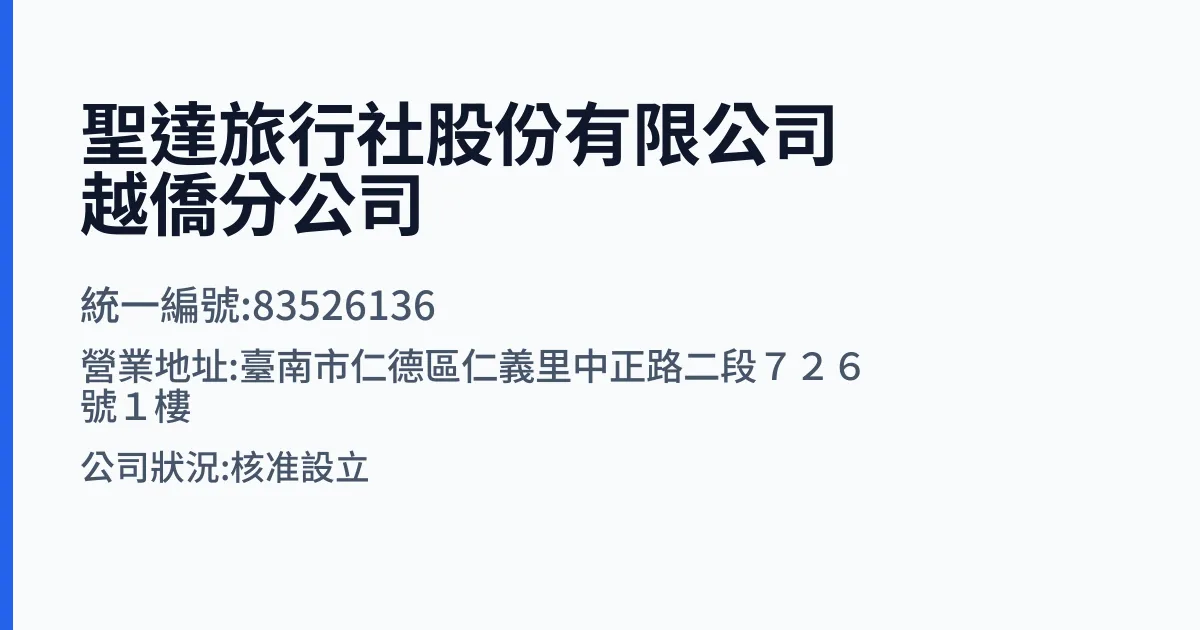 聖達旅行社股份有限公司越僑分公司 - 統編 83526136(臺南市) 公司登記資料與營業項目詳細圖表
