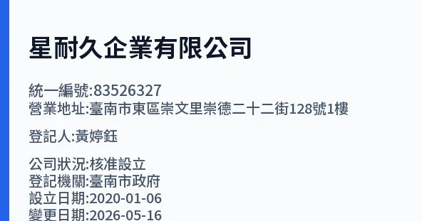 星耐久企業有限公司的照片-統編 83526327(臺南市) 公司登記資料與營業項目詳細圖表